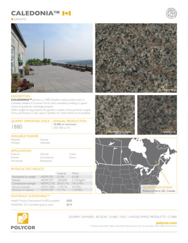 CALEDONIA™ Granite Stone Spec Sheet - Polycor Inc.