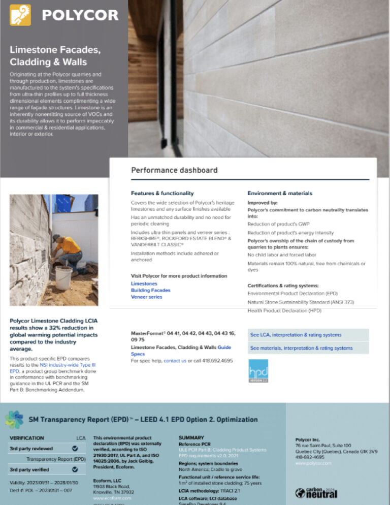 EPD Limestone Facades, Cladding and Walls - Polycor Inc.