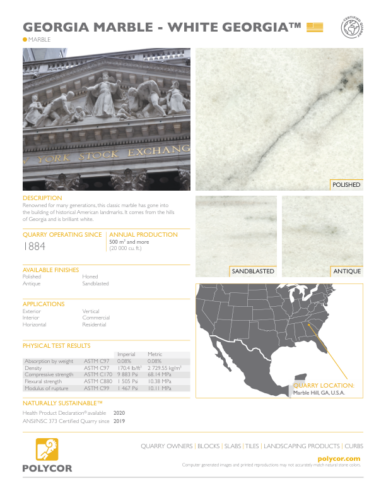 GEORGIA MARBLE™ - WHITE GEORGIA™ Stone Spec Sheet - Polycor Inc.