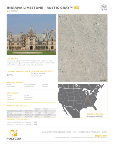 INDIANA LIMESTONE - RUSTIC GRAY™ Stone Spec Sheet - Polycor Inc.
