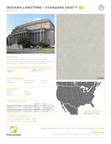 INDIANA LIMESTONE - STANDARD GRAY™ Stone Spec Sheet - Polycor Inc.