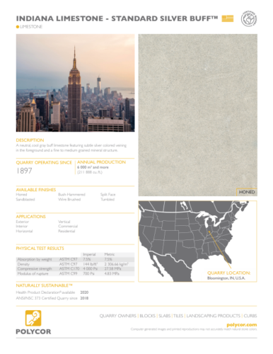 INDIANA LIMESTONE - STANDARD SILVER BUFF™ Stone Spec Sheet - Polycor Inc.