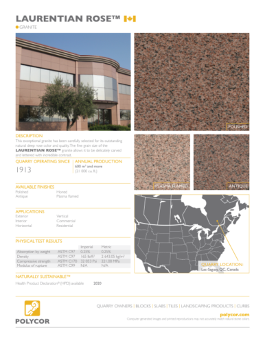 LAURENTIAN ROSE™ Granite Stone Spec Sheet - Polycor Inc.