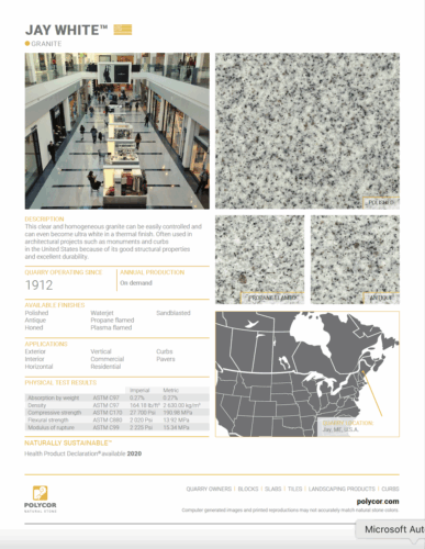 JAY WHITE™ Granite Stone Spec Sheet - Polycor Inc.