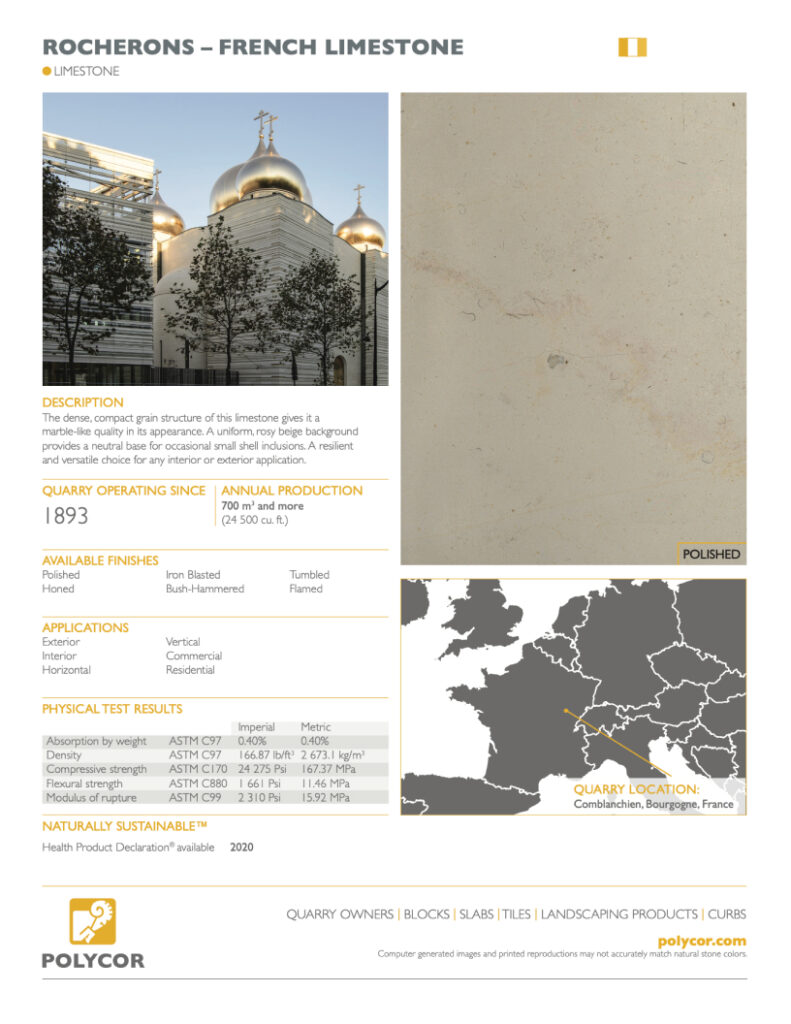 ROCHERONS CLAIR™ - French Limestone Spec Sheet - Polycor Inc.