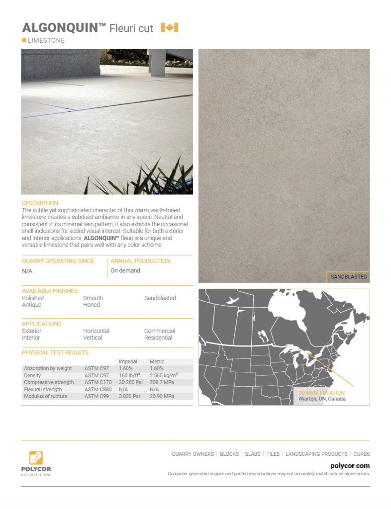 ALGONQUIN™ FLEURI Limestone Spec Sheet - Polycor Inc.