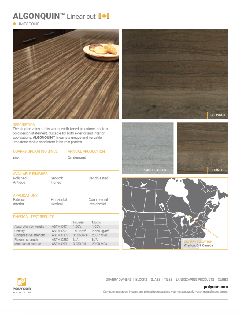 ALGONQUIN™ LINEAR Limestone Spec Sheet - Polycor Inc.